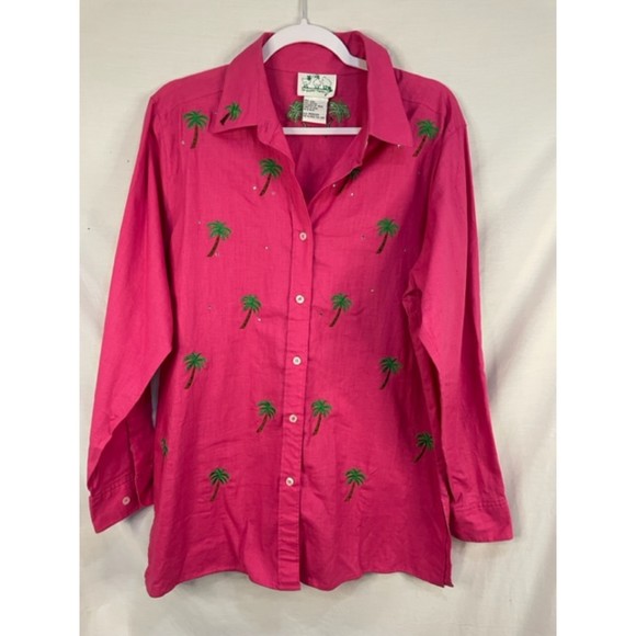 Quacker Factory | Tops | Quacker Factory M Pink Green Embroidered Palm ...
